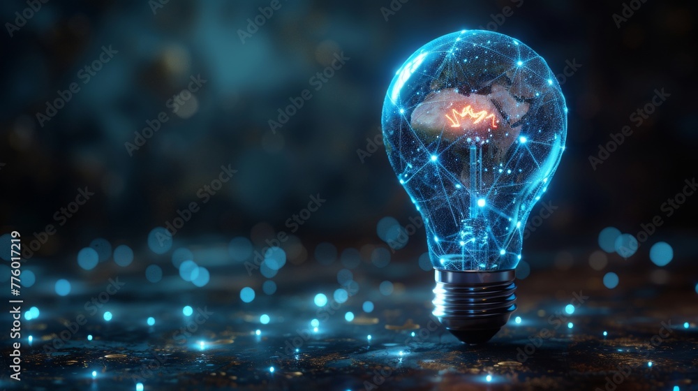 Planet Earth inside an abstract blue light bulb. Ecological concept for ...
