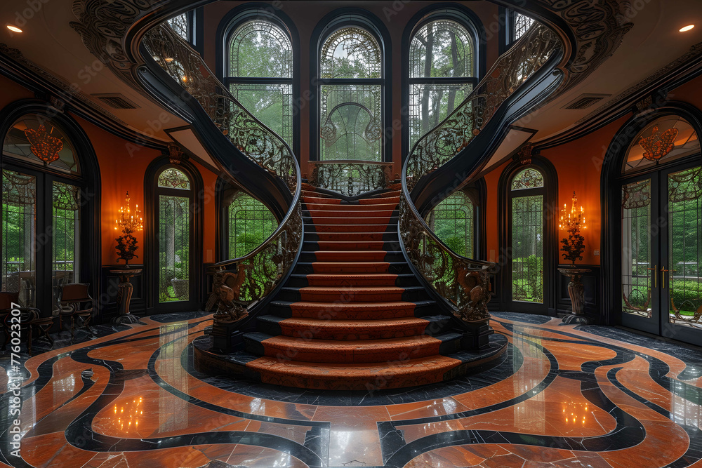 Entrance of a luxury mansion or castle, Art Nouveau style, colors black ...