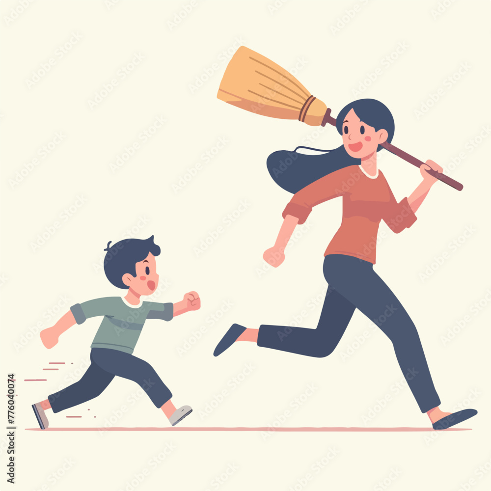 cute boy chasing his mom carrying a broom in flat design style Stock ...
