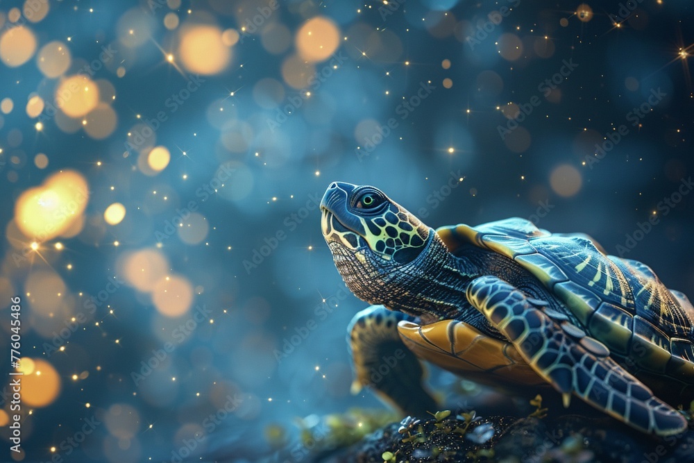 Tiny turtle peeking out of a dimensional break, cosmic starfields ...