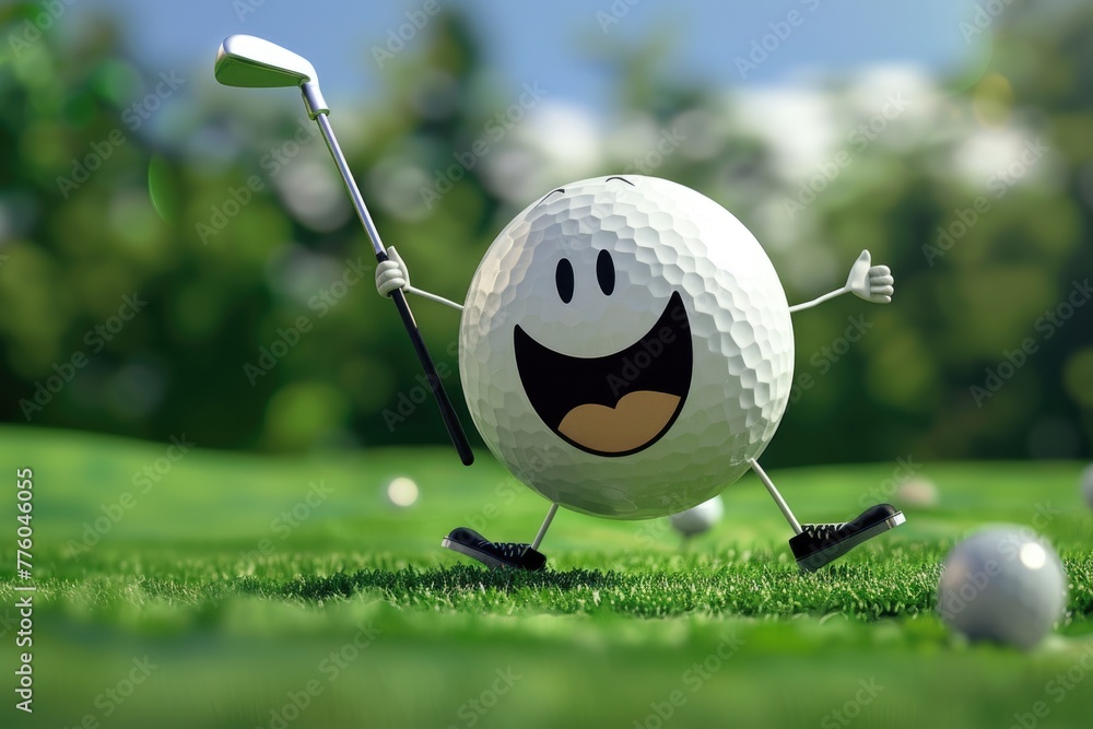 Funny golf ball character with a golf club raised in celebrating a hole ...