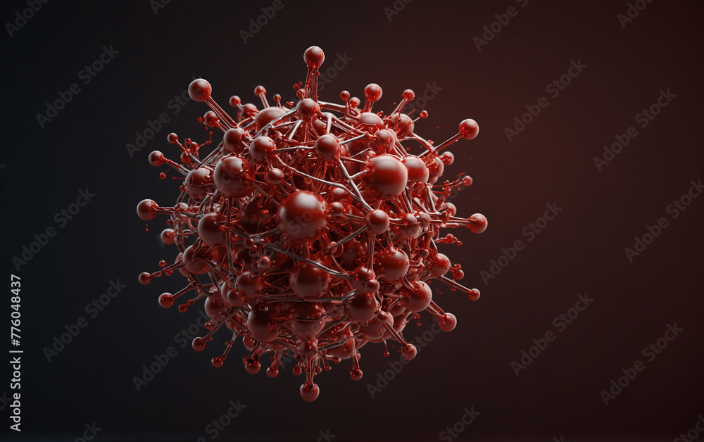 Abstract red piece of the molecule. Glowing atom symbol with electrones ...