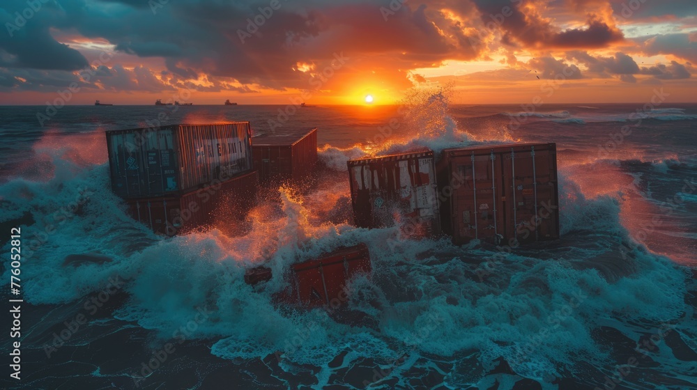 floating cargo containers from logistic cargo ship with wave after big ...