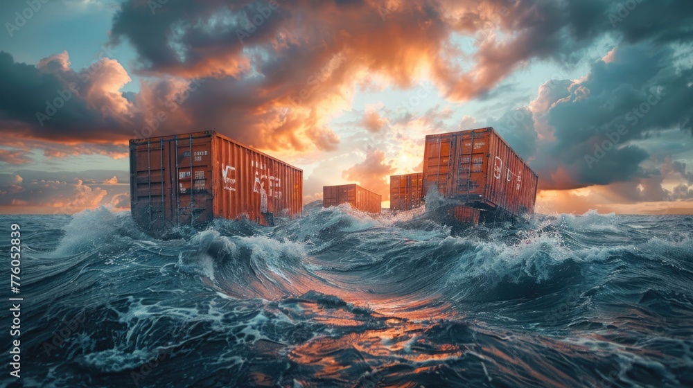 floating cargo containers from logistic cargo ship with wave after big ...