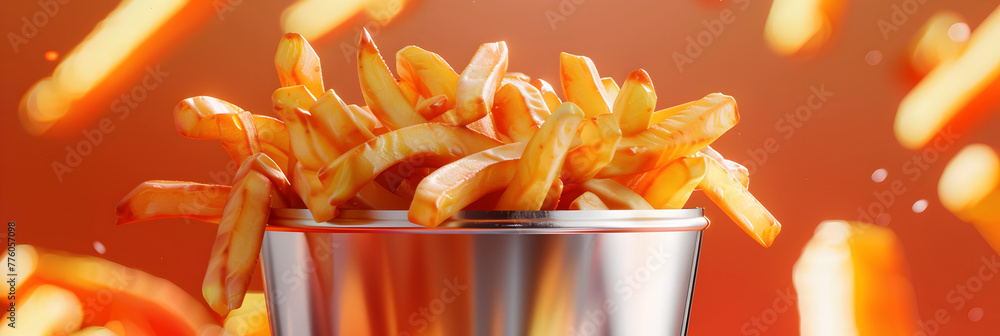 Fries chips finger chips on bucket and Fries falling out of a box with ...