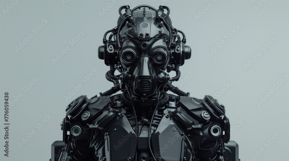 Artistic portrayal of a sleek black mecha robot donning a gas mask and ...
