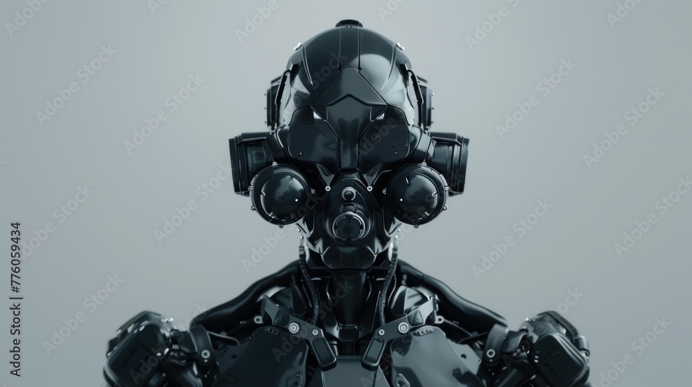 Digital illustration of a menacing black mecha robot equipped with a ...