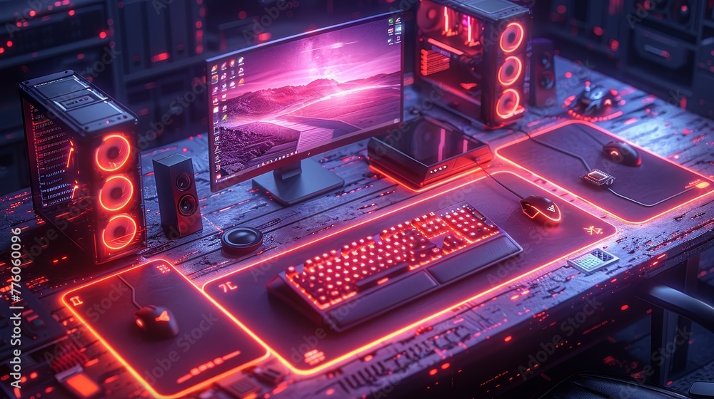 The gaming PC computer glows in the dark. Isometric illustration of ...