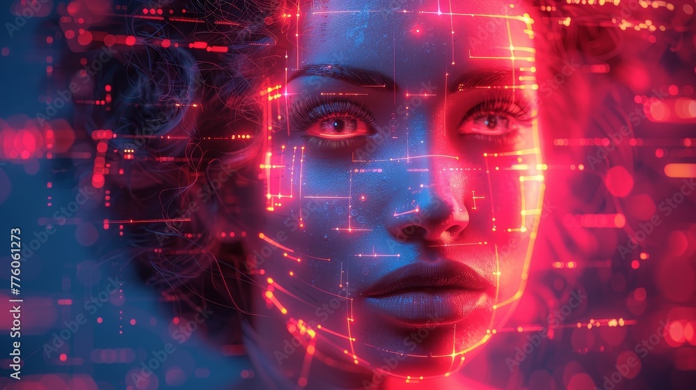 Computer digital futuristic neon square frame with AI face in ...