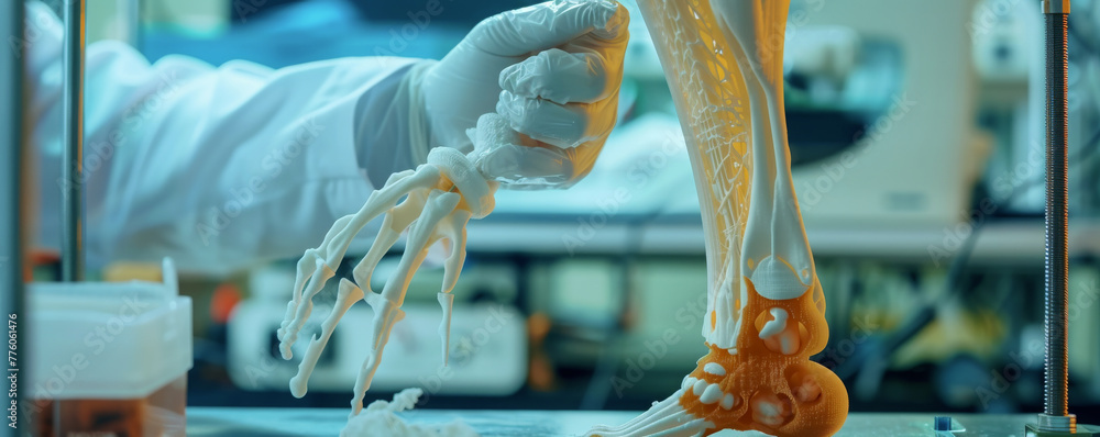 robotic mechanism skillfully constructing prosthetic foot. Close-up ...