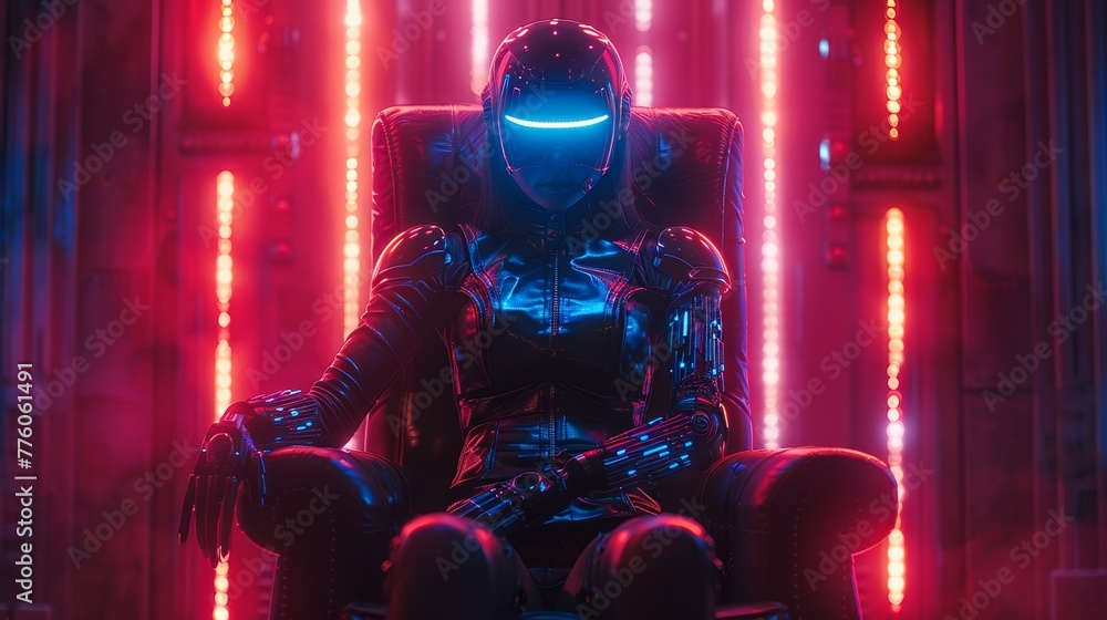 Robot female queen sits on throne. Beautiful cyborg woman with AI on ...