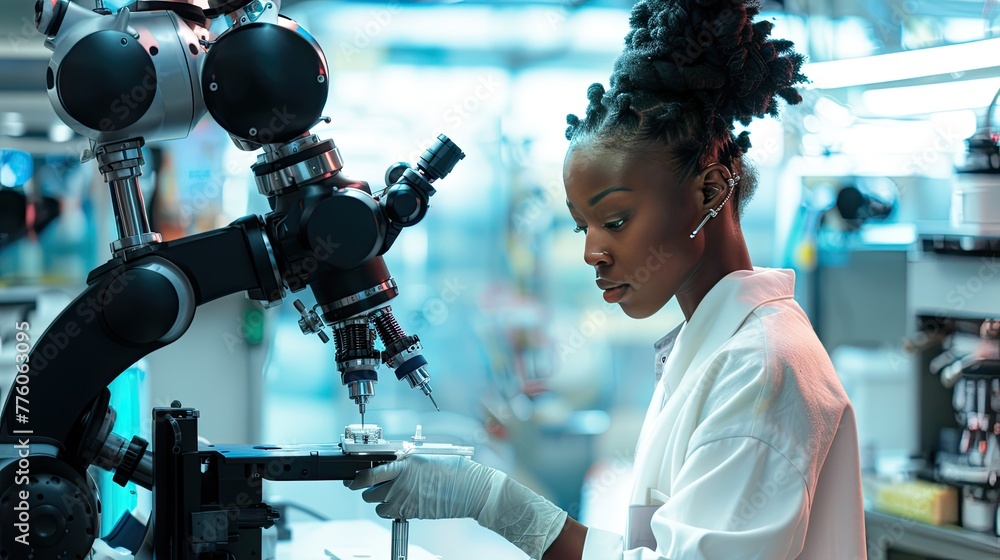 African-American woman working with scientific equipment in modern high ...