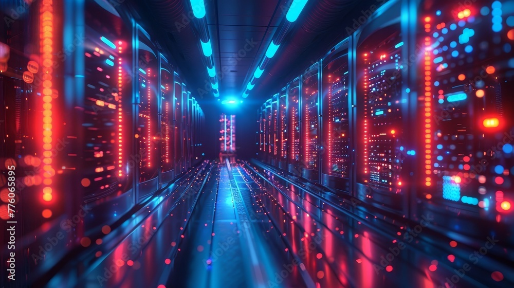 An abstract door in a tunnel with digital data center light signals ...