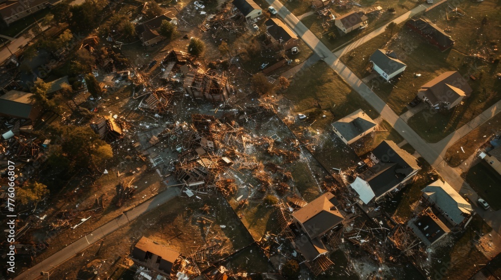 Consequences of a tornado, a wide swath of destruction is visible on ...