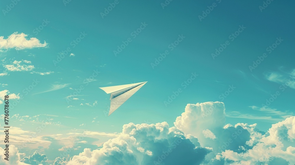 A lone paper airplane, a beacon of innovation, flies towards the ...