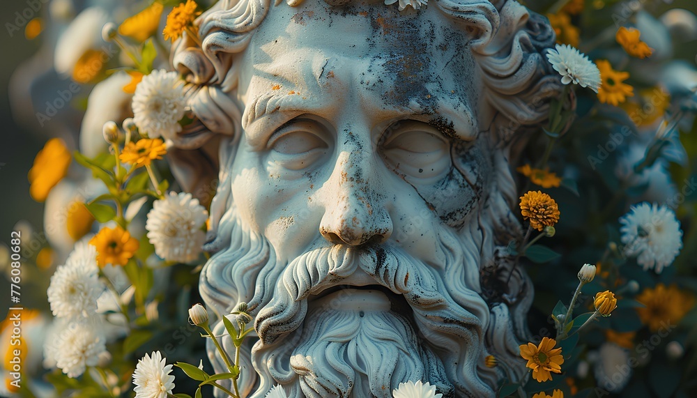 Greek bust wrapped in flowers and plants. Closeup of Ancient Greek bust ...