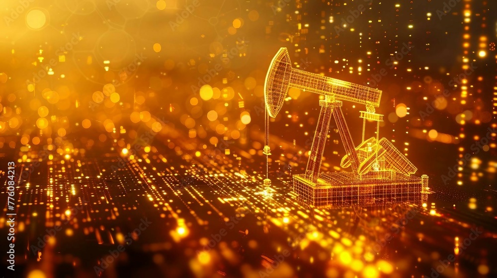 digital yellow drilling rig machine with glowing data stream symbolizes ...