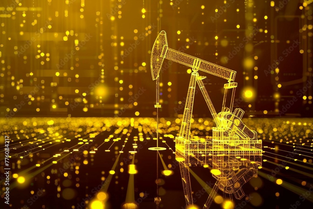 digital yellow drilling rig machine with glowing data stream symbolizes ...