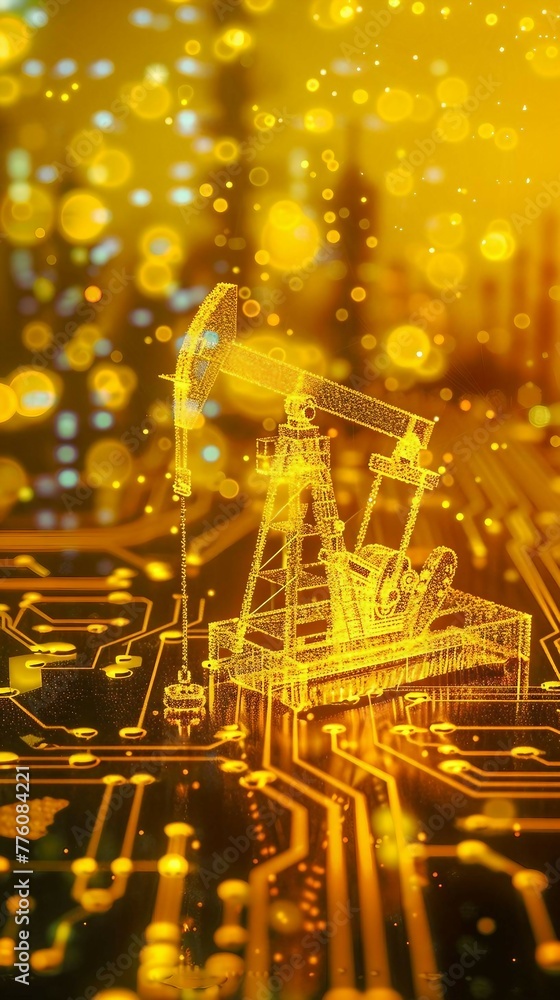 digital yellow drilling rig machine with glowing data stream symbolizes ...