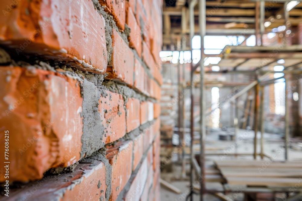 High resolution image of brick wall construction on a building site ...