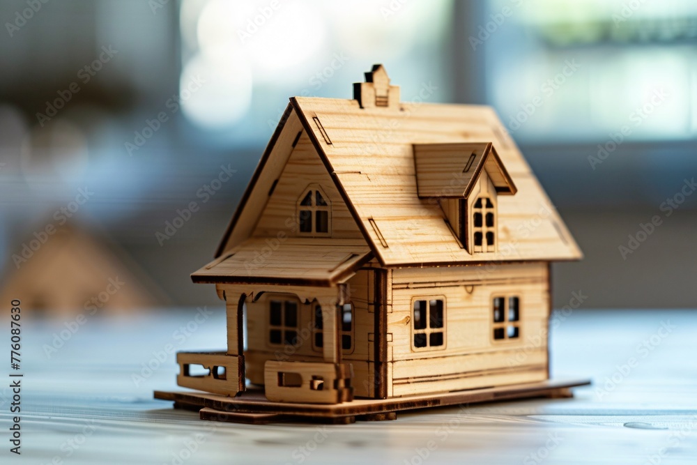 A detailed wooden scale model of a house with a softly focused ...