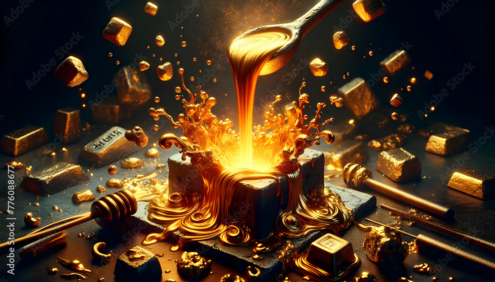 for advertisement and banner as Molten Marvel Molten gold being poured into a mold showcasing ...