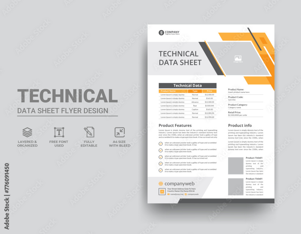 Technical Data Sheet Flyer Template Design Stock Vector | Adobe Stock