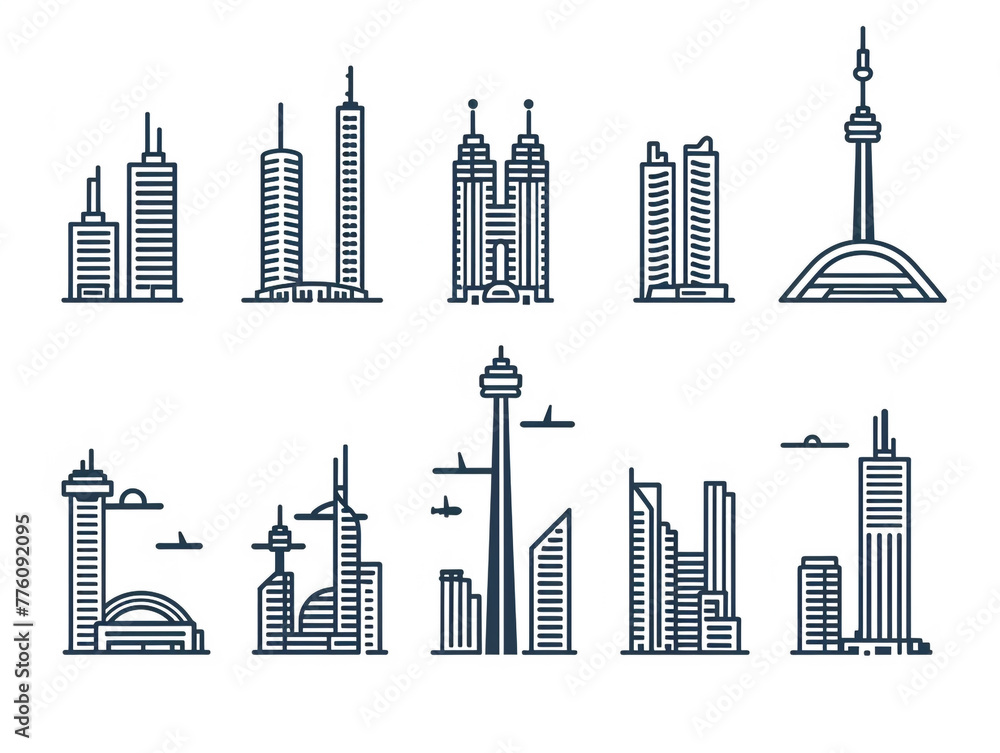 A line drawing of skyscrapers and buildings in a cityscape. The ...