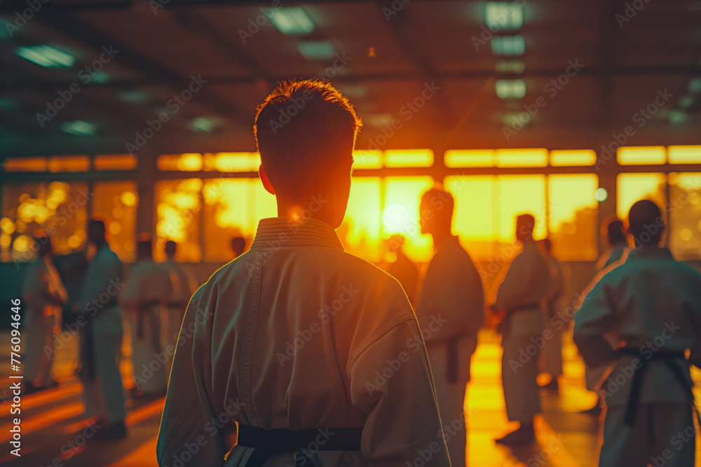 Beginning of a karate class, highlighting the traditional bow in ...
