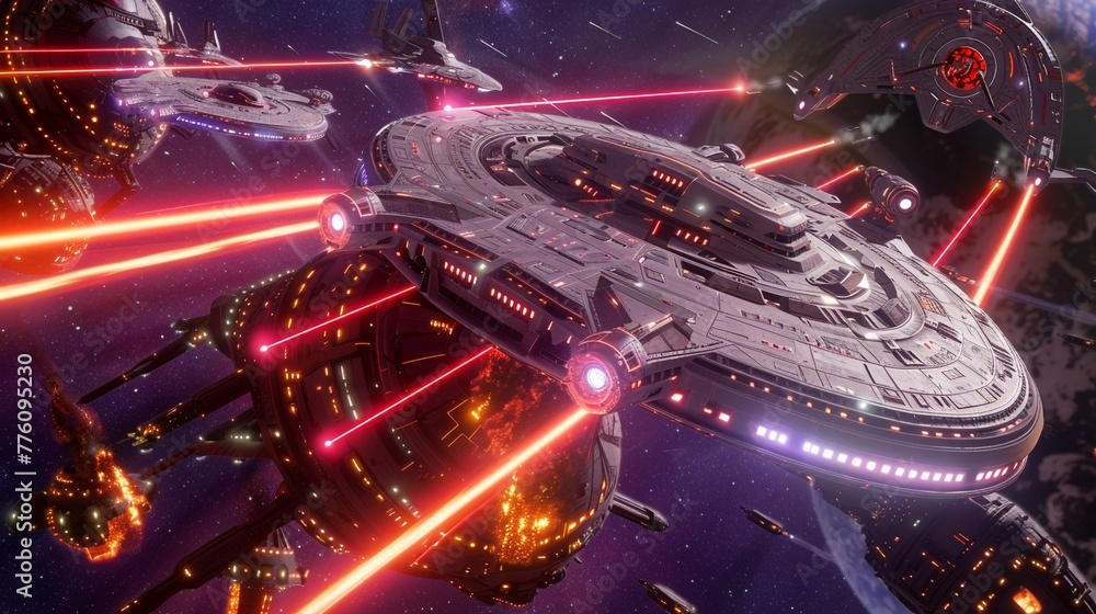 A fierce 3D space battle scene with laser beams crossing between ...