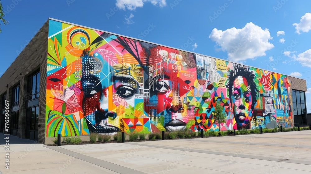 A colorful mural of three people on a building. The mural is a work of ...
