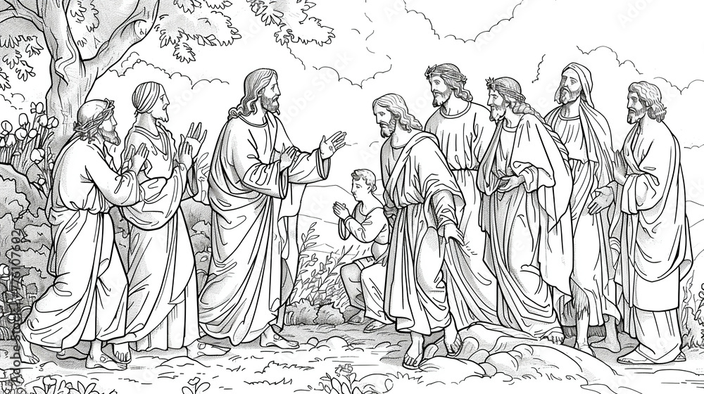 An adult coloring page of Jesus healing the sick showing various individuals approaching Jesus ...
