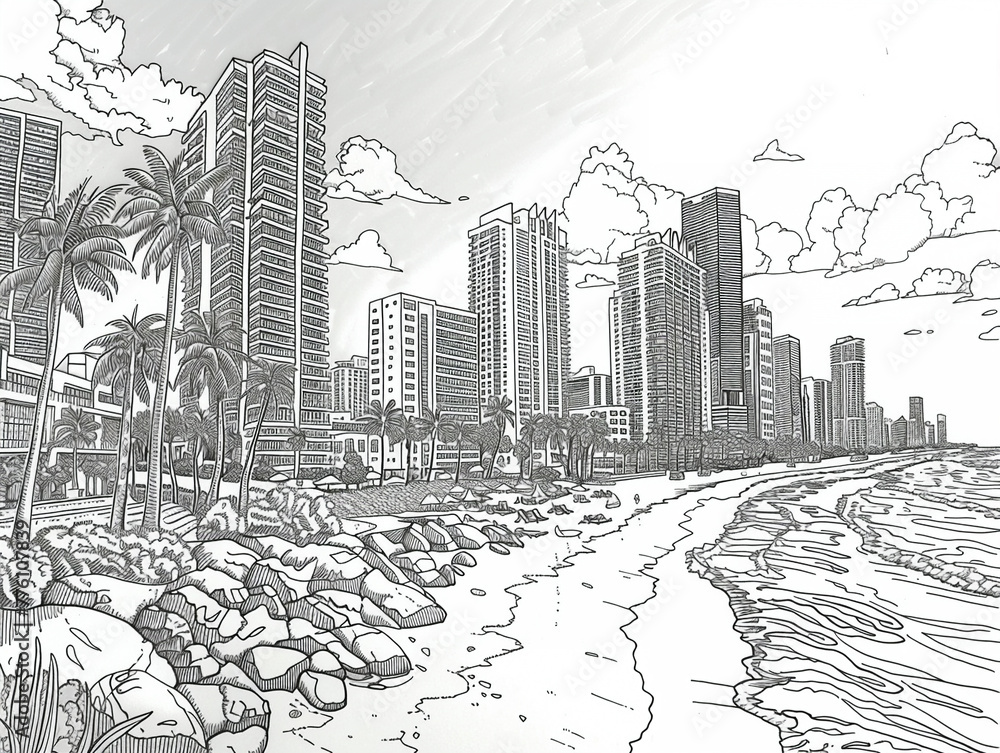 An adult coloring page presenting Miamis beachfront skyline Stock ...