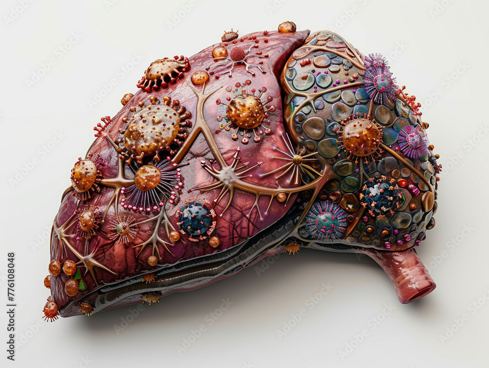 An anatomical rendering of a human liver on a white background in 3D ...