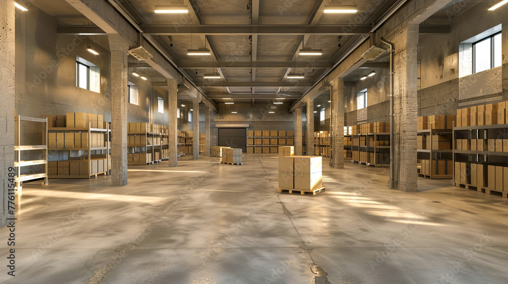 Warenlager mit gut organisierten Regalen und Stapeln von Kartons und ...