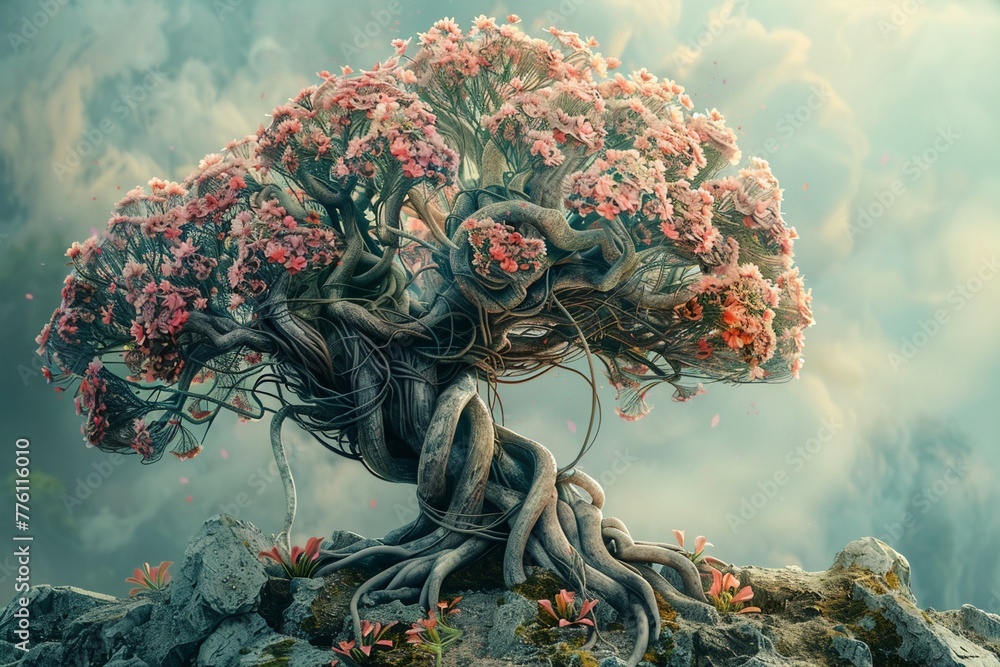 The intricate roots of a tree and its blossoms interweave with a human ...