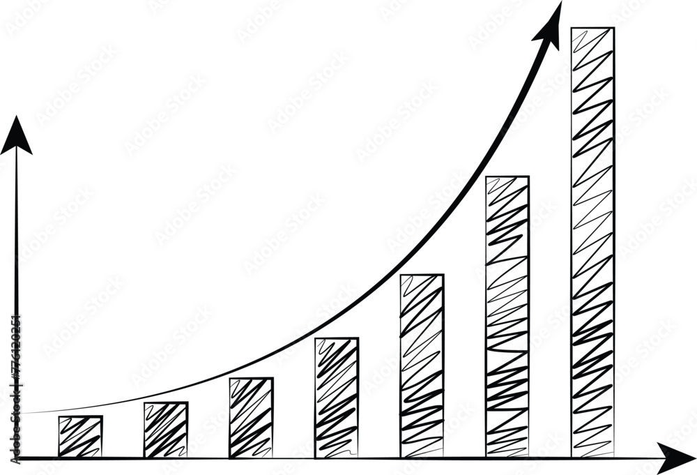 Exponential growing curve above a bar chart shaded with hand drawing ...