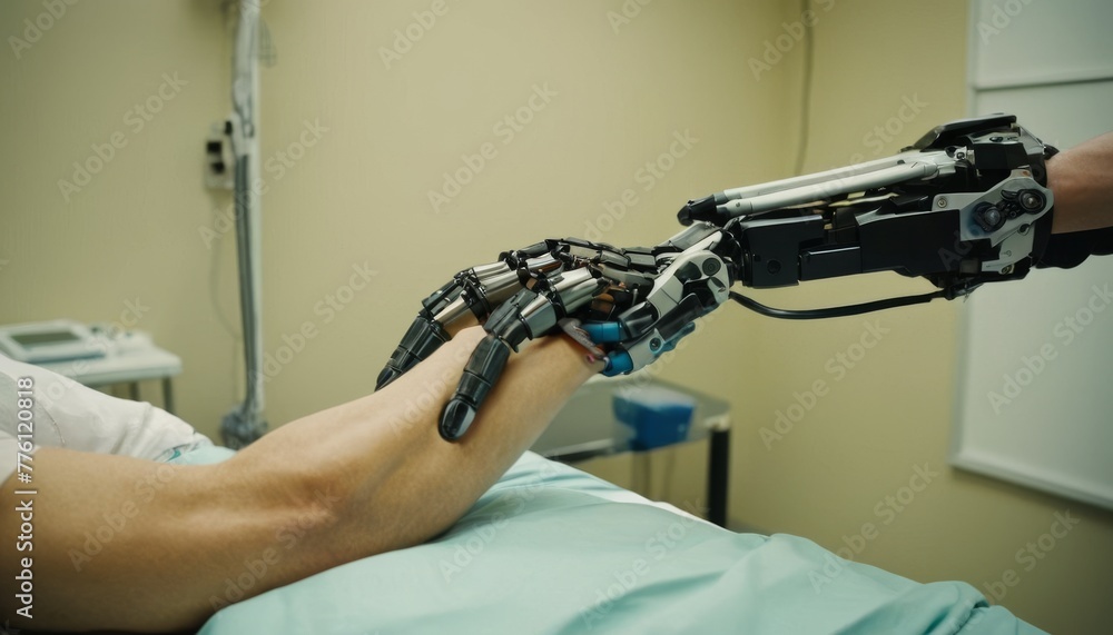 A robotic arm and a human hand engage in a handshake in a clinical ...