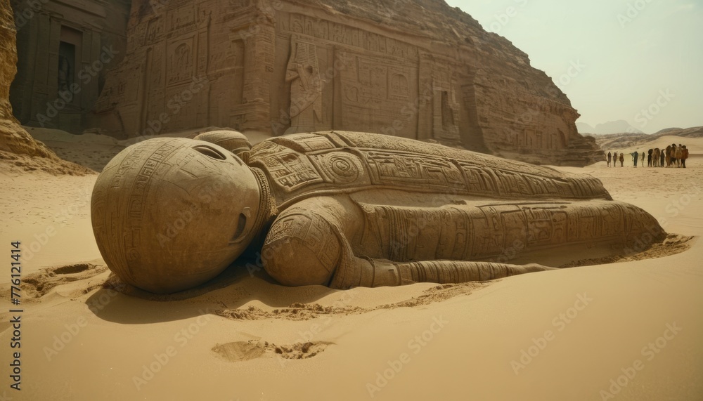 A colossal statue of a pharaoh lies toppled in the sand, dwarfing ...