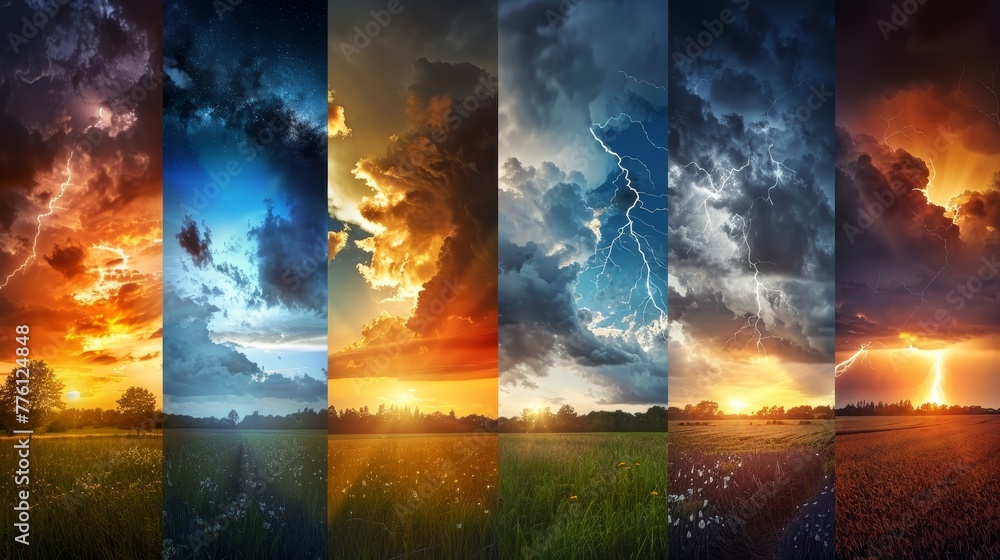 Weather forecast collage concept background. Variety weather conditions ...