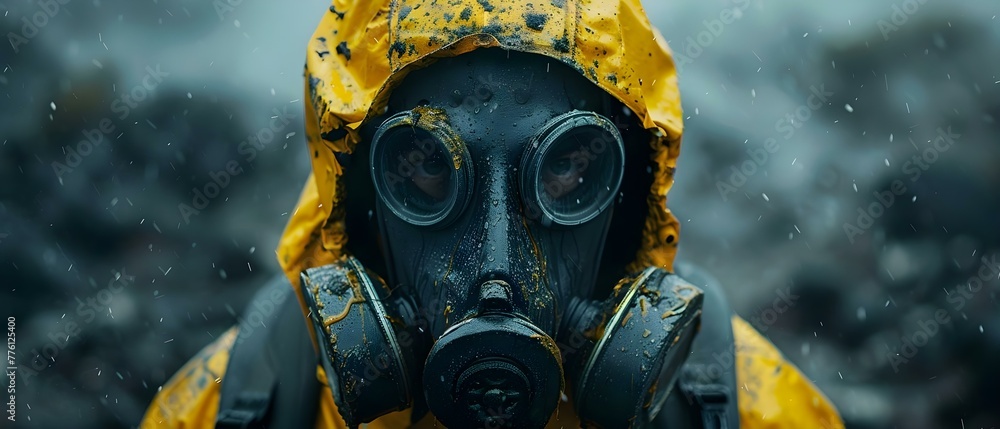 Police officer in gas mask inspects hazardous substance spill. Concept ...