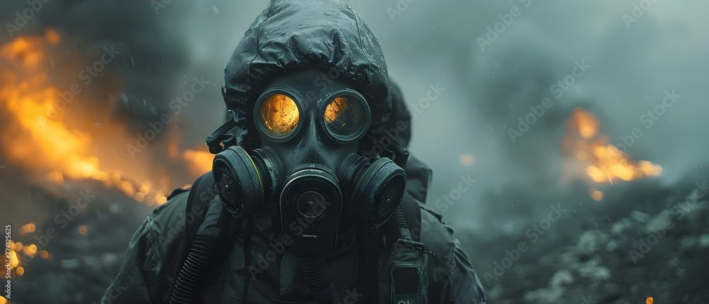 Foto de Police officer wearing a gas mask inspects a chemical spill ...