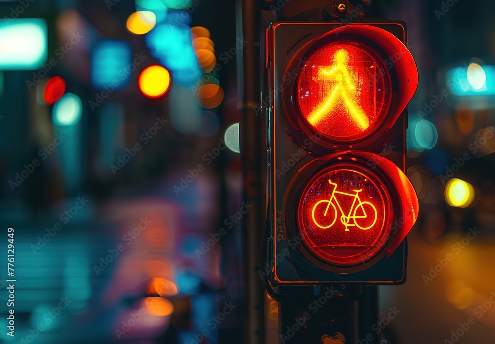 Glowing red bicycle signal among city lights: city safety rules Stock ...