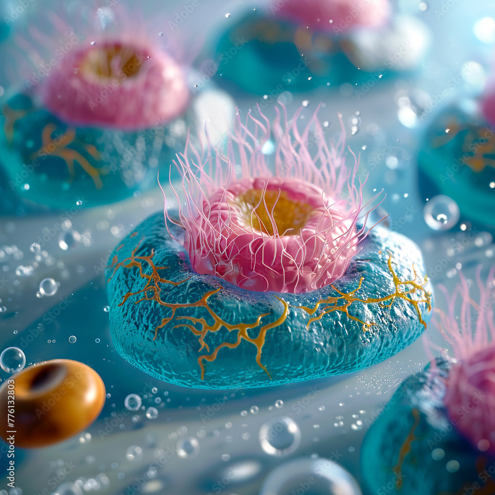 Cheerful animated cells under the microscope, embarking on adventures ...