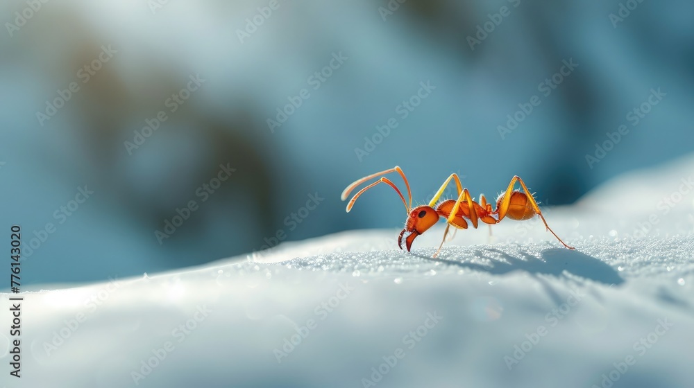 an ant as it traverses a smooth white surface, its tiny legs and ...