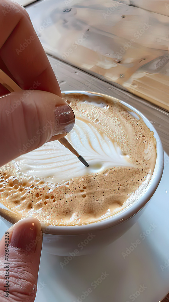 Hand drawing in a latte's foam with a toothpick, creating art in coffee ...