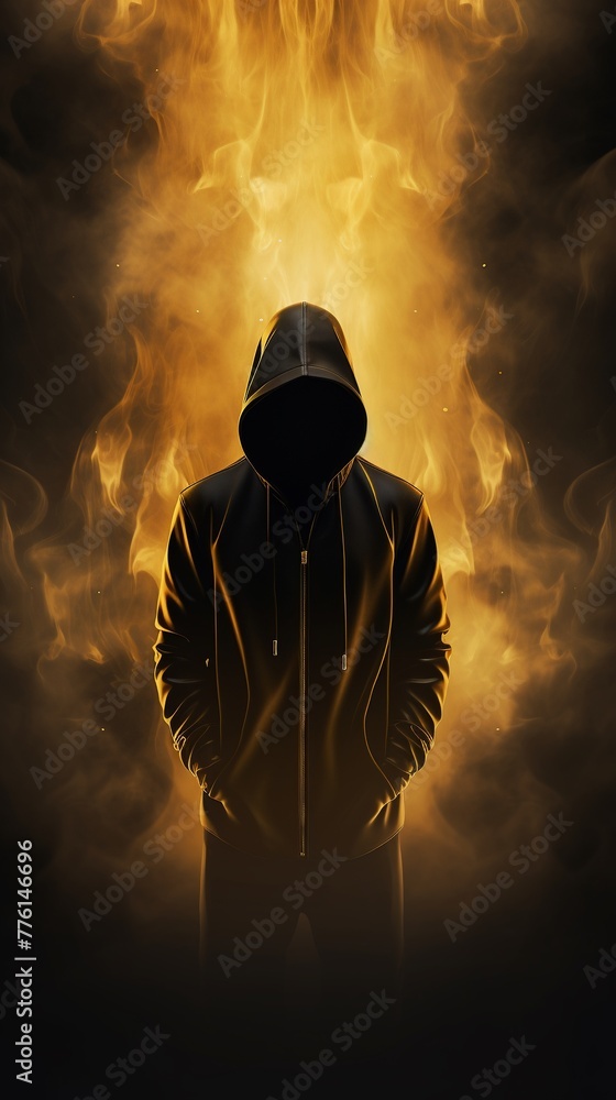 Shadowed figure in hoodie and bold gold smoke wafting dark ambiance ...