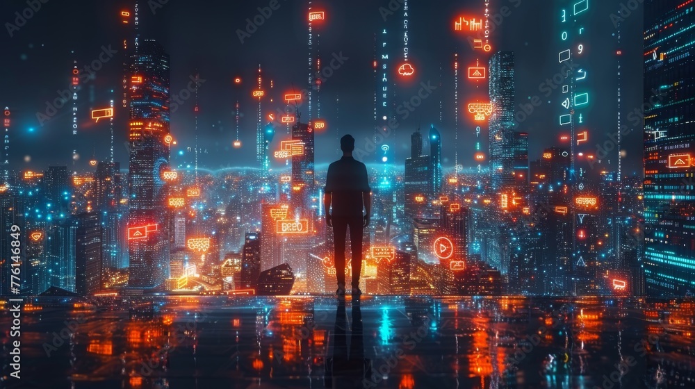 A man standing in a digital vortex, social media icons orbiting around ...