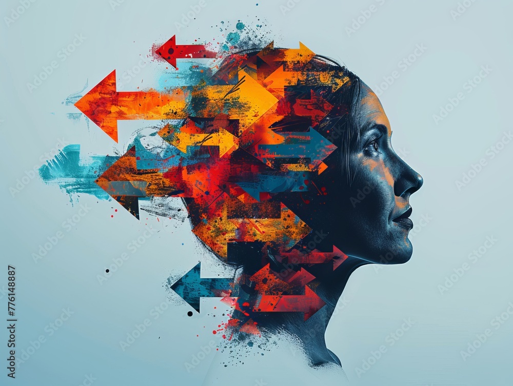 Artistic representation of a profile with colorful arrows emanating ...