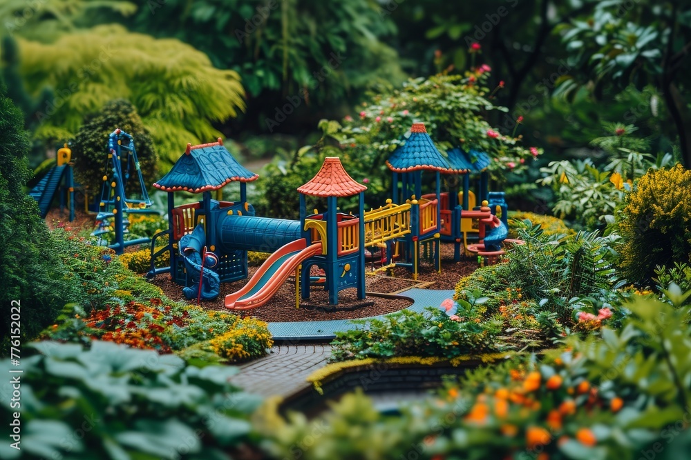 A vibrant playground stands in the center of a well-maintained garden ...